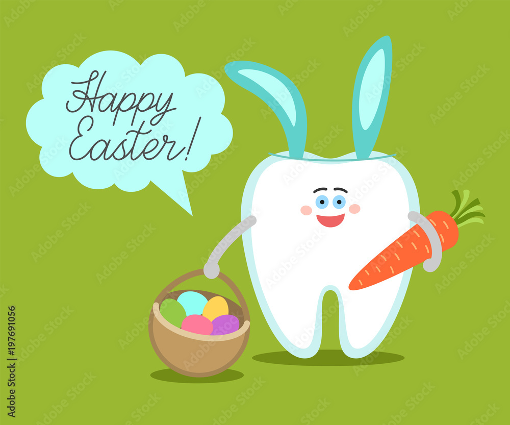 Cartoon tooth with bunny ears holds a carrot and basket with eggs ...