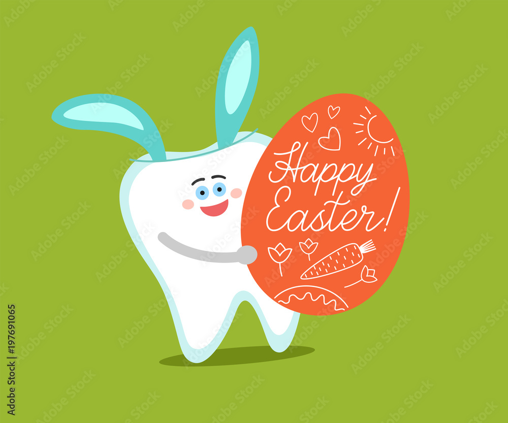 Cartoon tooth with bunny ears holds an Easter egg with greetings and ...
