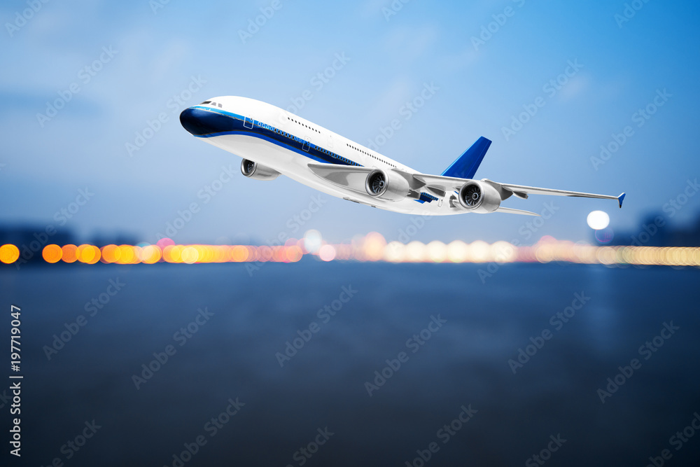 perspective view of jet airliner in flight with bokeh background Stock ...