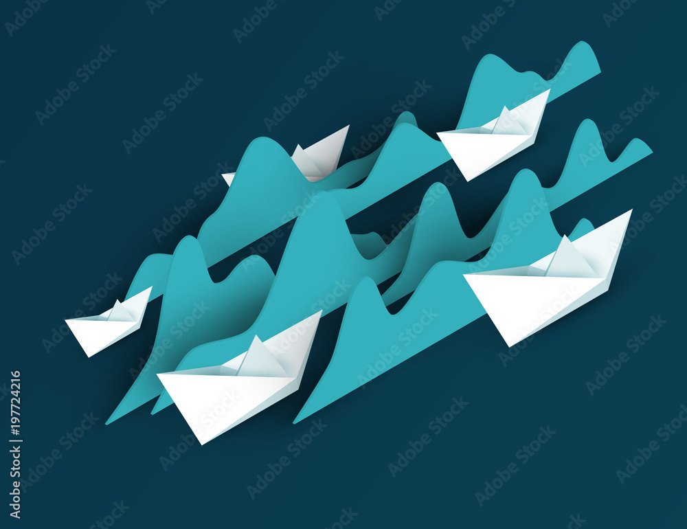 3d vector paper cut water waves with boat . Cartoon art illustration in ...