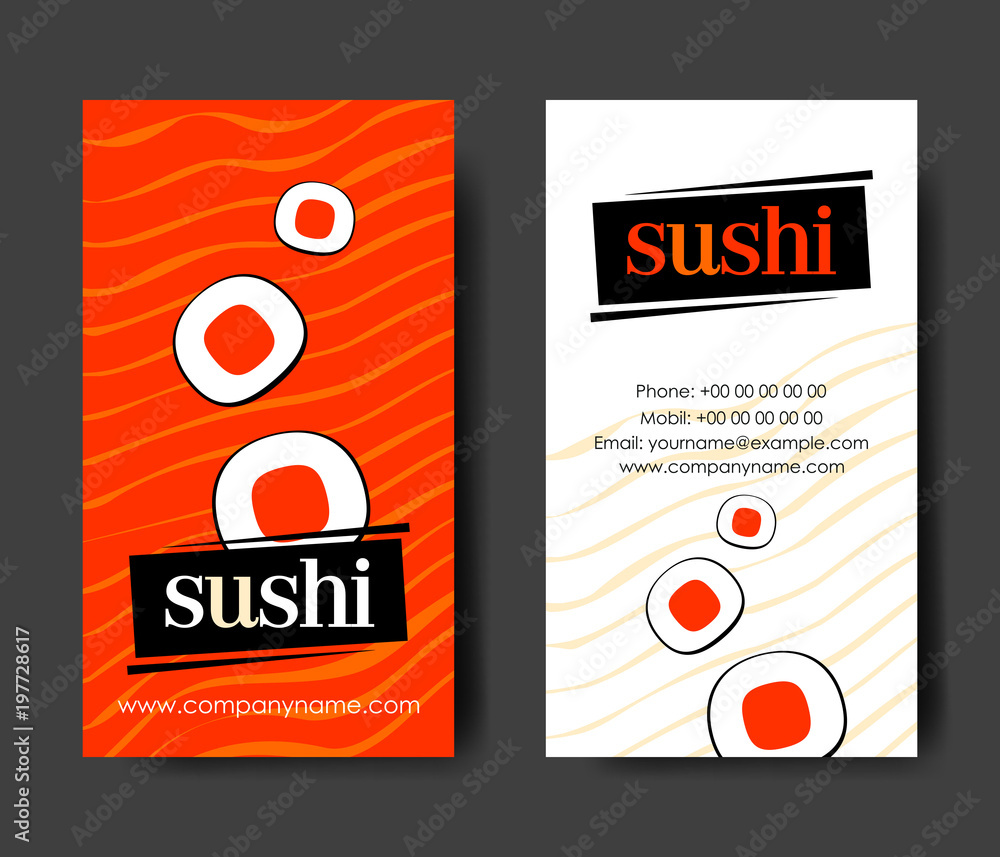Sushi business cards design template both sides with text on dark ...