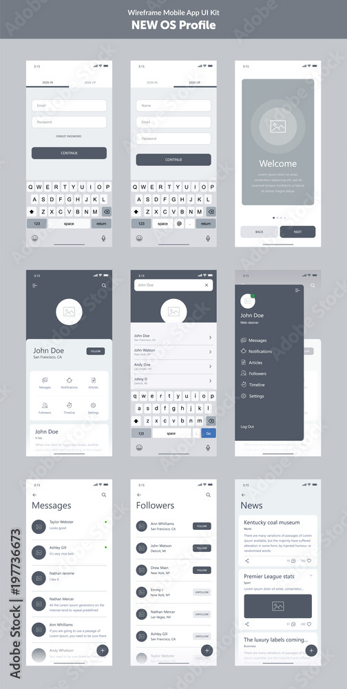 Wireframe kit for mobile phone. Mobile App UI, UX design. New OS ...