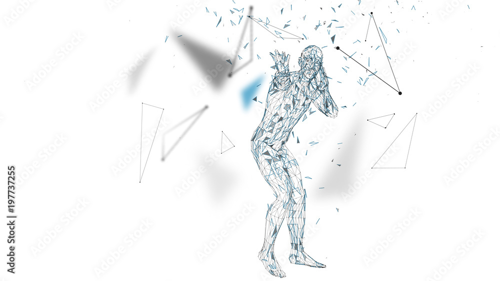 Conceptual abstract man is afraid of fear. Connected lines, dots ...