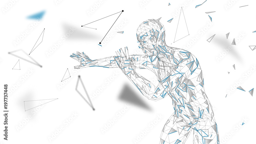 Conceptual abstract man is afraid of fear. Connected lines, dots ...