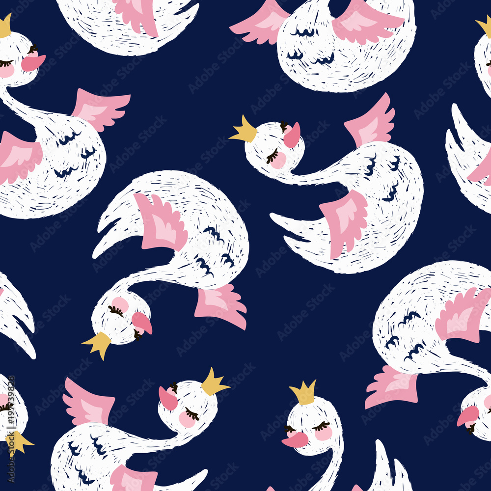 Seamless pattern with cute little princess swan. Cartoon hand drawn ...