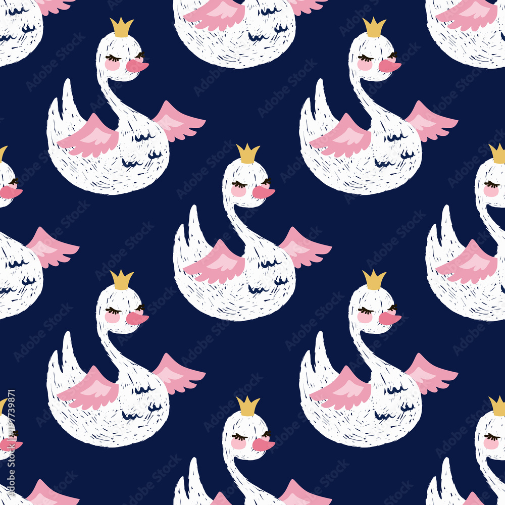 Seamless pattern with cute little princess swan. Cartoon hand drawn ...