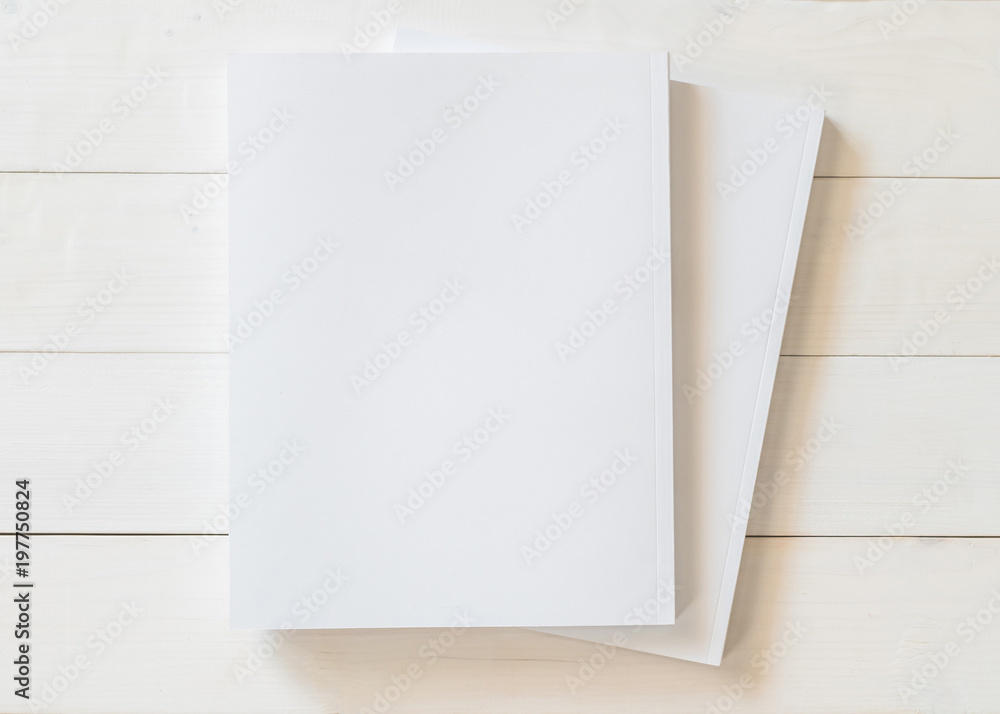 Blank book cover template with page in front side standing on white ...