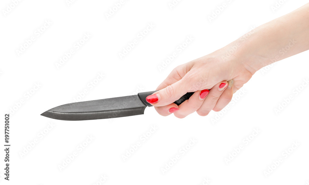 Woman hand holding kitchen knife. Isolated on white background. Stock ...