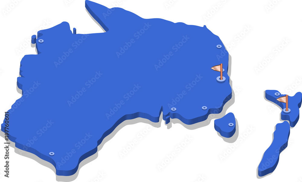 3d isometric view map of with blue surface and cities. Isolated, white ...