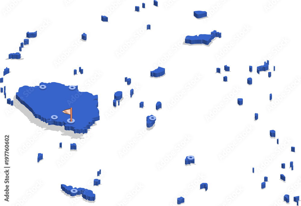 3d isometric view map of Fiji with blue surface and cities. Isolated ...