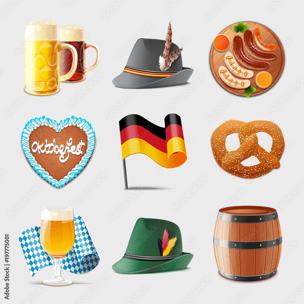 Vector realistic set of oktoberfest icons isolated on white background ...