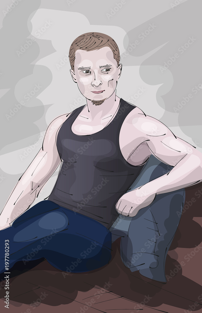 Sketch Portrait Of Young Man Selfie Photo Pointing hand To Copy Space ...