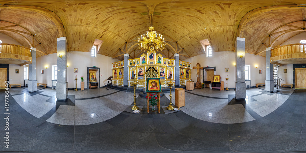 Panorama 360 angle view in interior of small orthodox church with icons ...