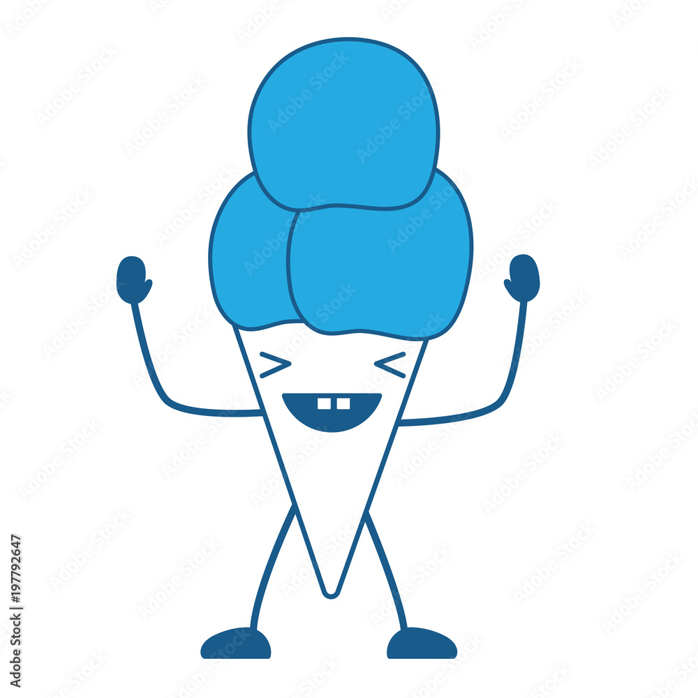 kawaii happy ice cream cone over white background, blue shading design ...