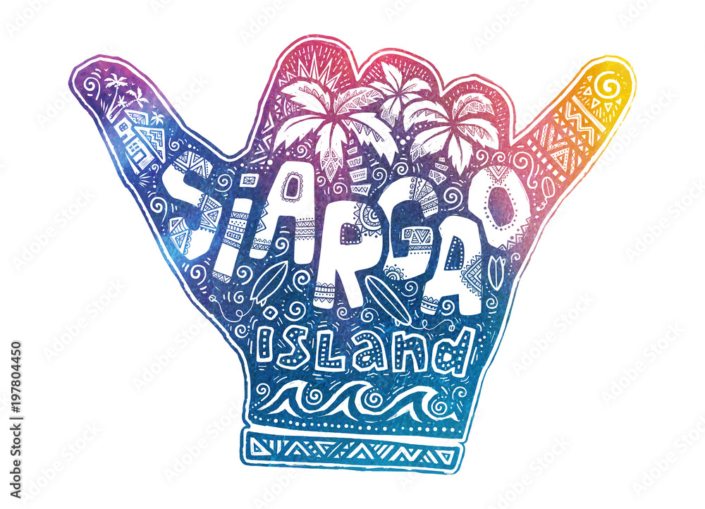 Colorful shaka hand symbol with graphic and Siargao island lettering ...