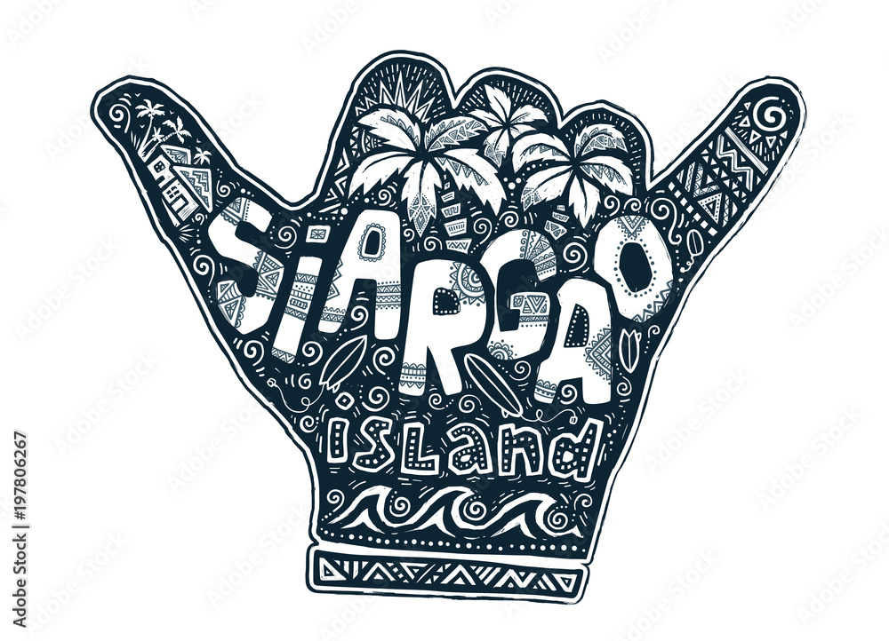Surfers hang loose hand silhouette with hand drawn lettering about ...