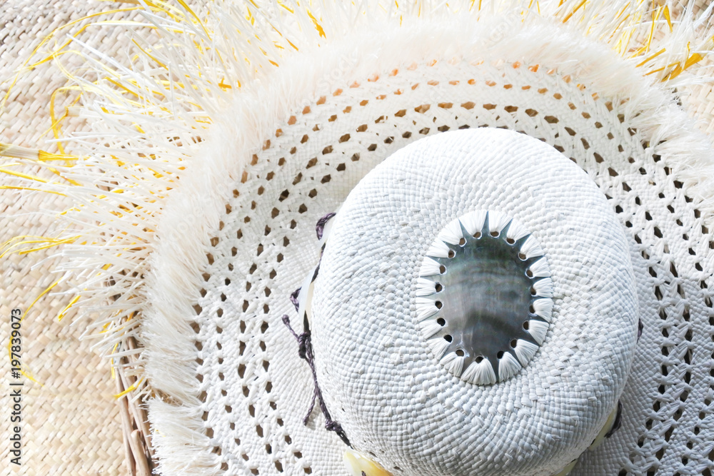 Cook Islander woman woven Rito Hat close up detail. Rito hats are worn ...