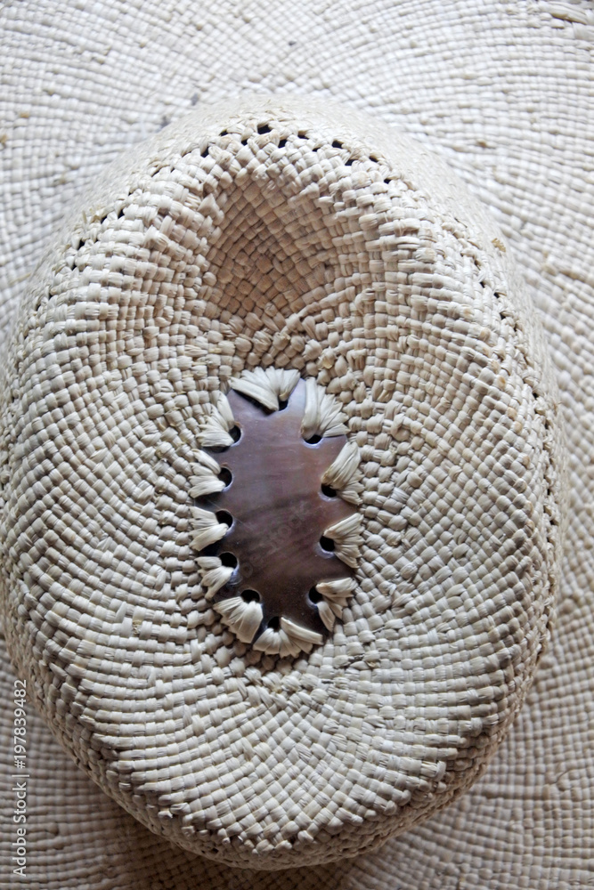 Cook Islander woman woven Rito Hat close up detail. Rito hats are worn ...