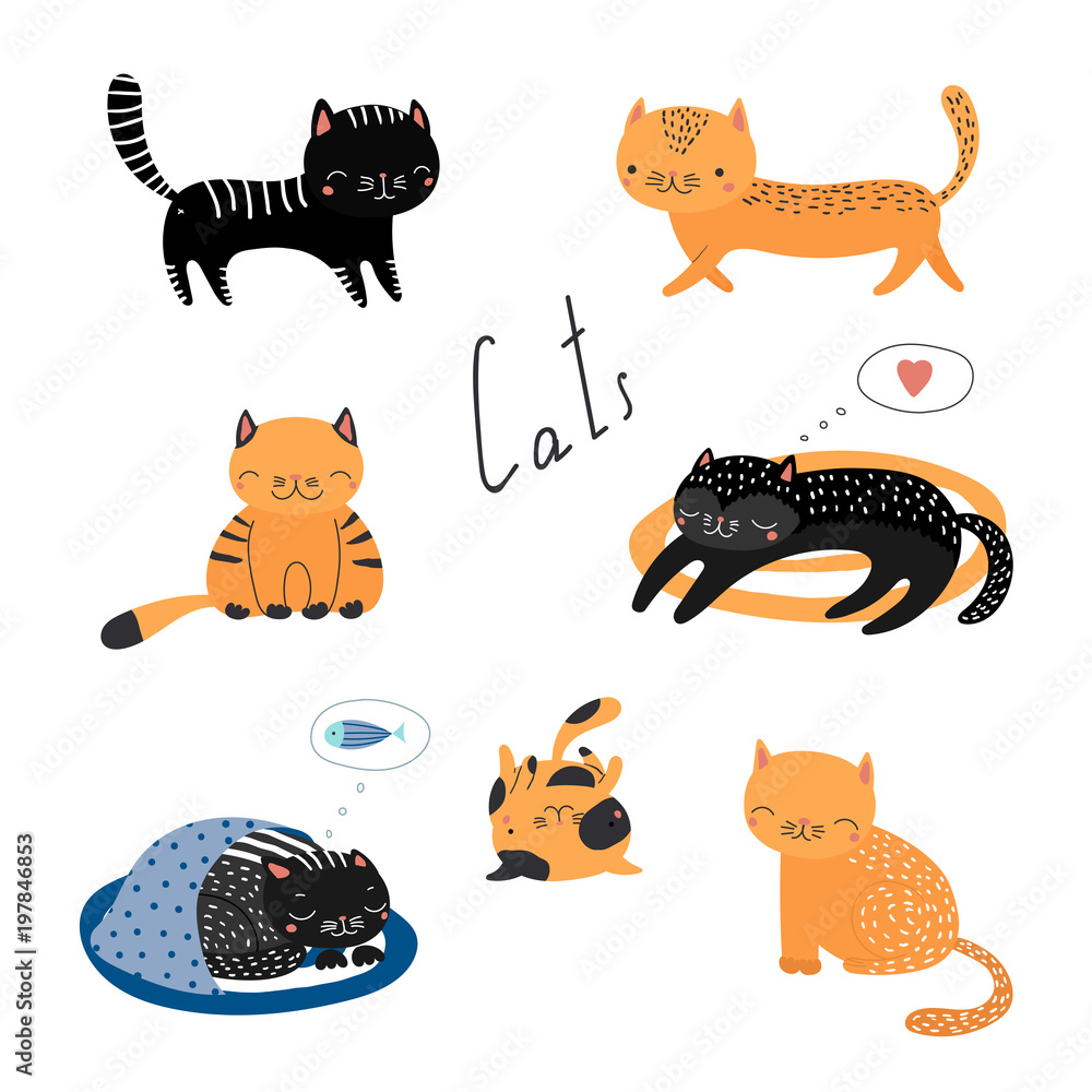 Collection of hand drawn different cute funny cartoon cat doodles ...
