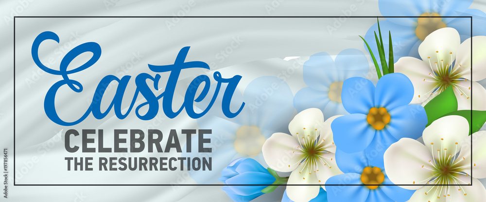 Easter, celebrate the resurrection banner design with frame, blossoms ...