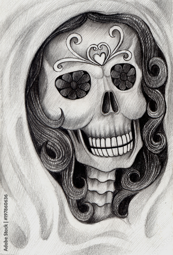 Art Women Skull Day of the dead. Hand pencil drawing on paper. Stock ...