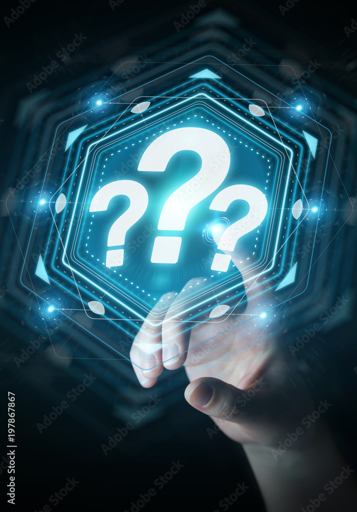 Businesswoman using question marks digital interface 3D rendering Stock ...