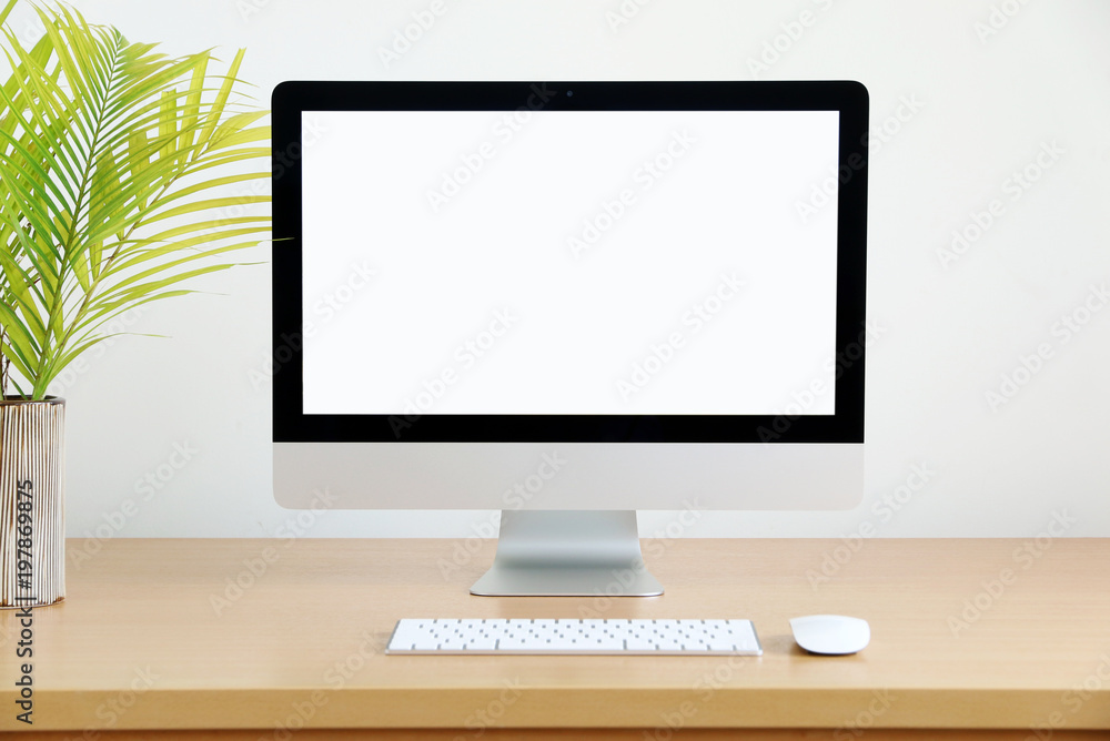 blank screen Computer and Workspace background in Office. Stock Photo ...