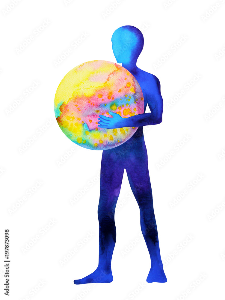 human standing holding colorful world in universe watercolor painting ...