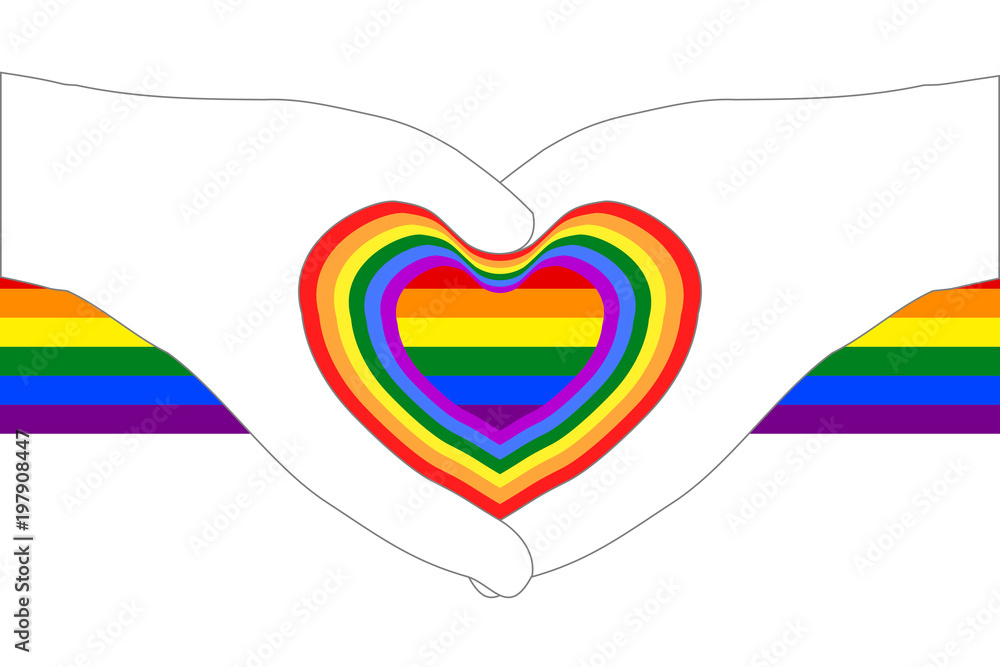 Heart shape of hand outlines on colorful rainbow ribbon; white ...