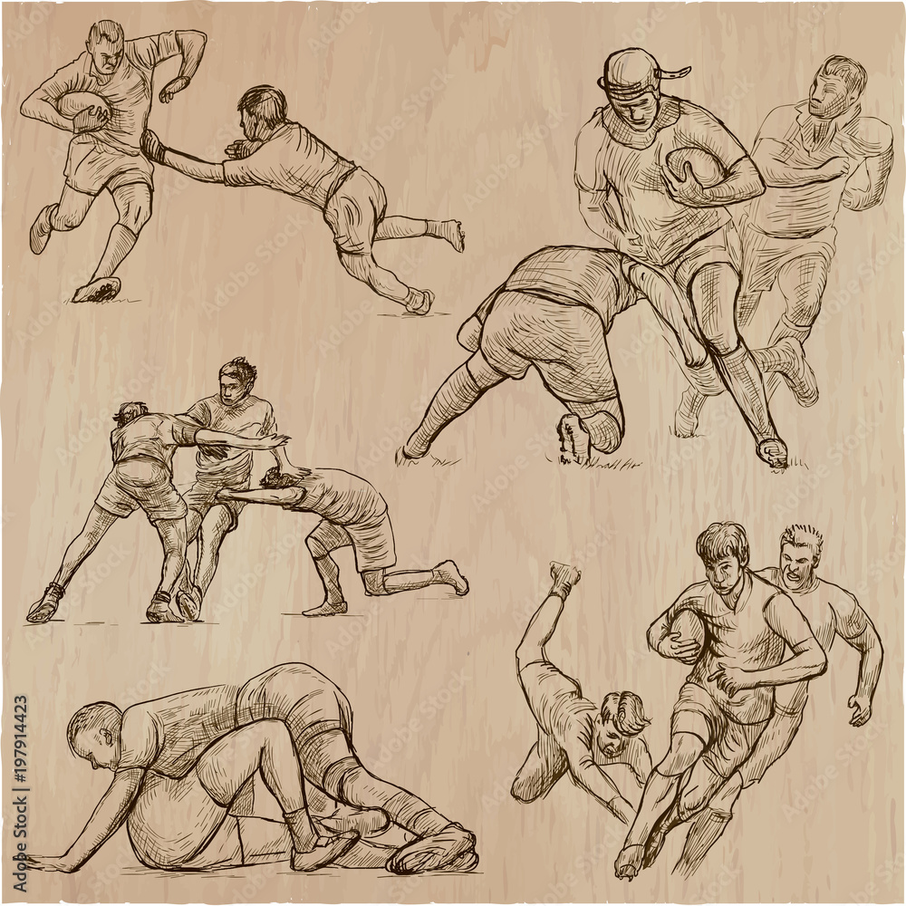 RUGBY - An hand drawn vector collection. Line art pack of some sportmen ...