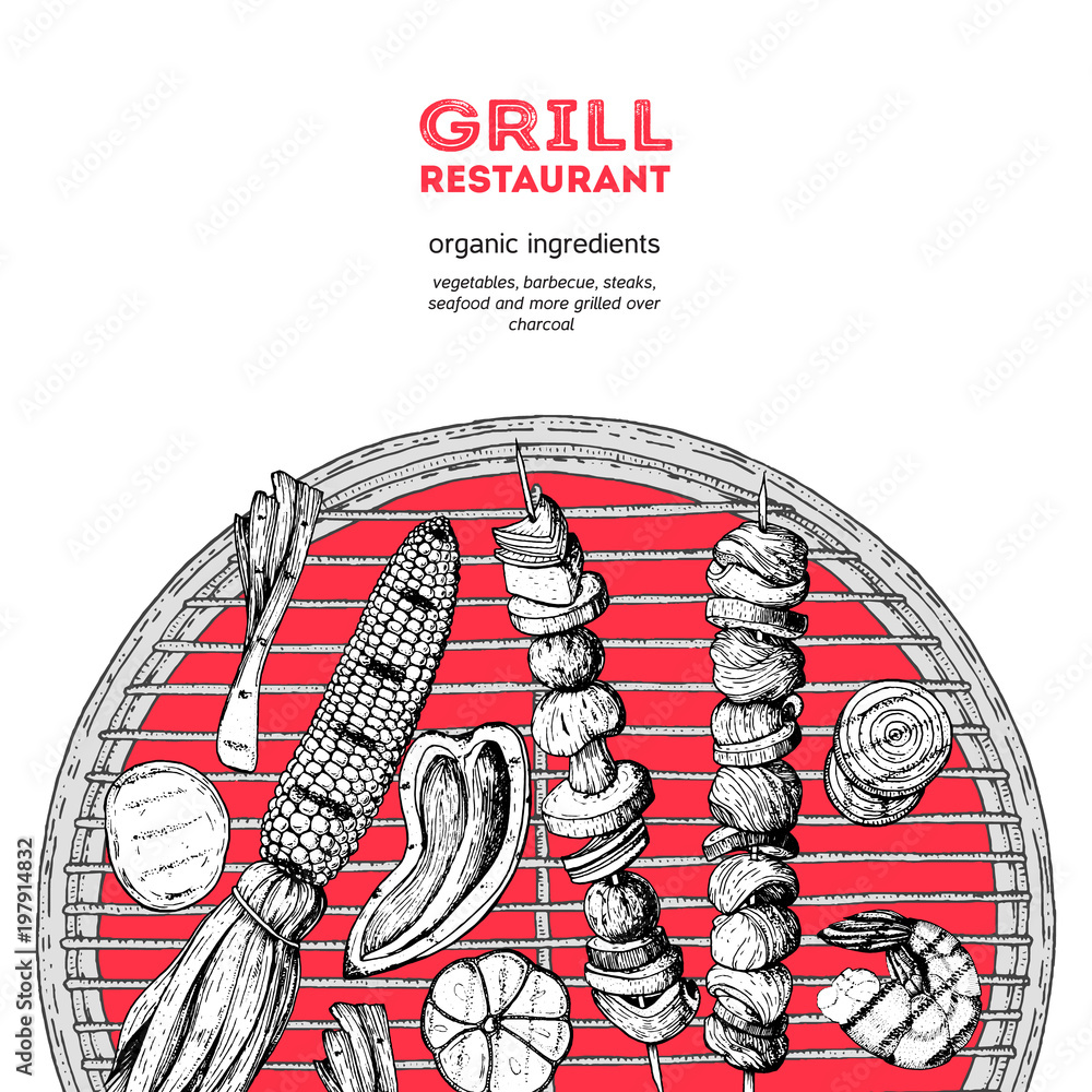 Grilled meat and vegetables poster. Vector illustration. Engraved ...