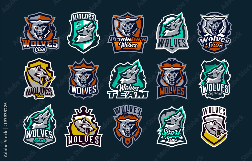 A large colorful collection of emblems, logos, icons of a howling ...