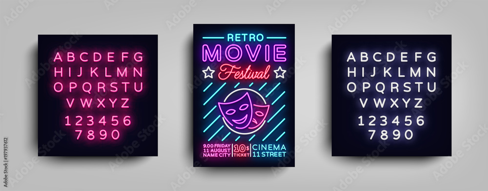 Retro Movie Festival postcard typography design neon template. Brochure ...