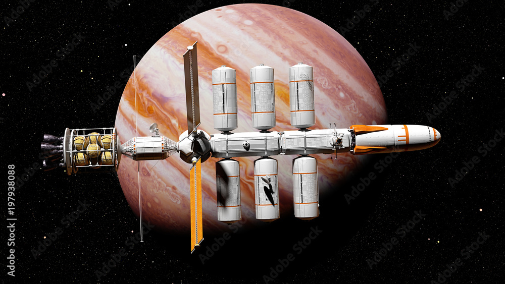 spaceship on a mission to planet Jupiter, starship in orbit of a gas ...