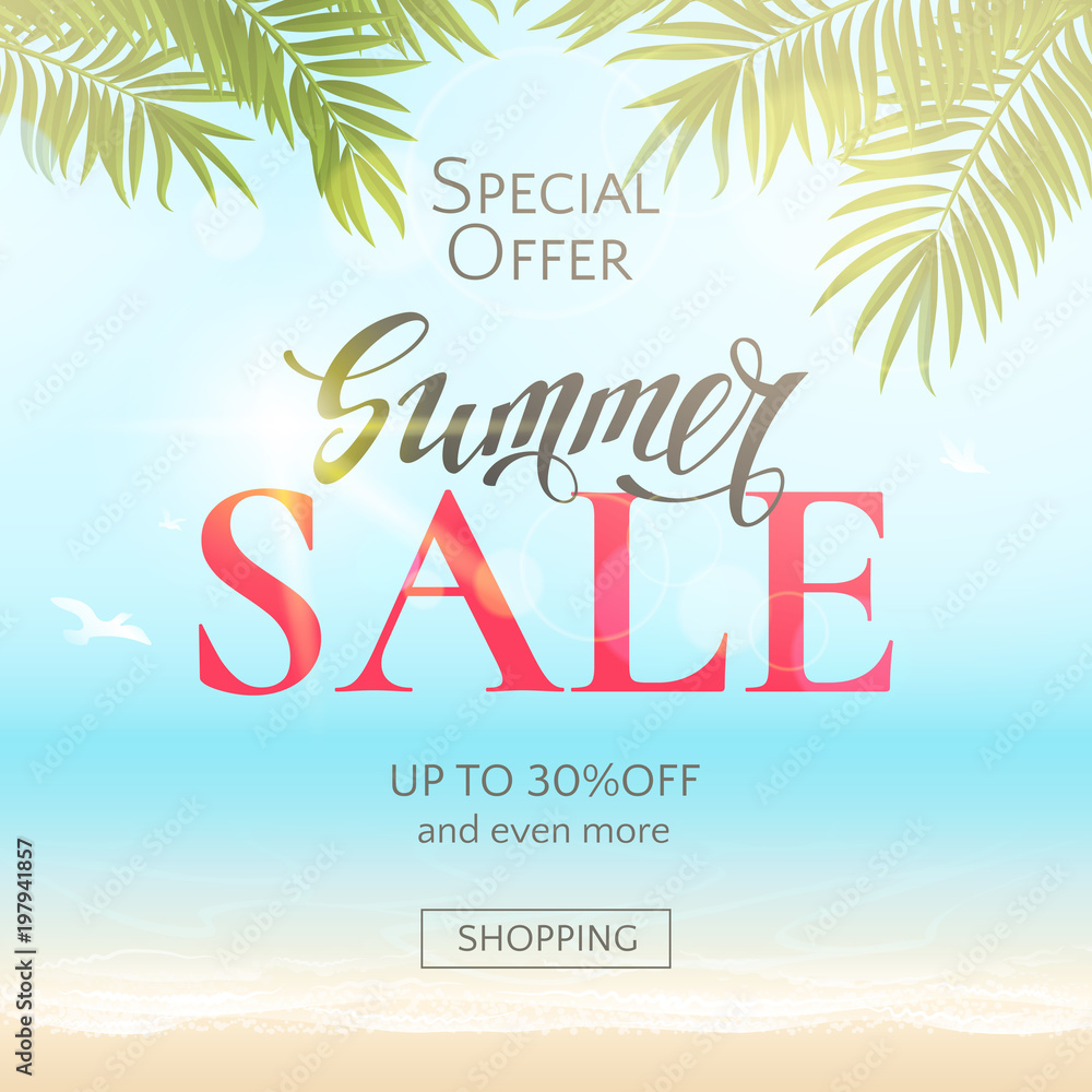 Summer sale banner with text, beach, sea, sun, waves and palm leaves ...