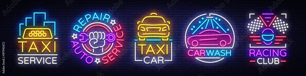 Set logos in neon style Transportation. Design Template, Neon Signs ...