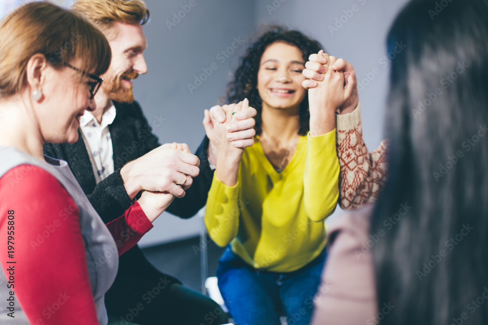 Smiling and happy people during group therapy. Overcame drug addiction ...