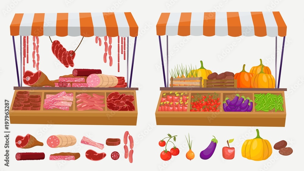 Meat and vegetables market farm Butcher Shop modern flat cartoon vector ...