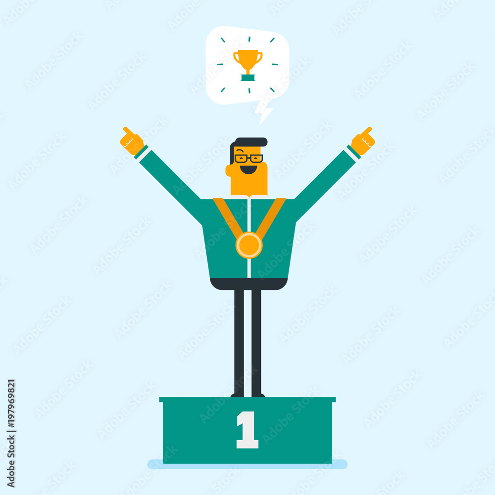 Young cheerful caucasian white sportsman standing on the winners podium ...