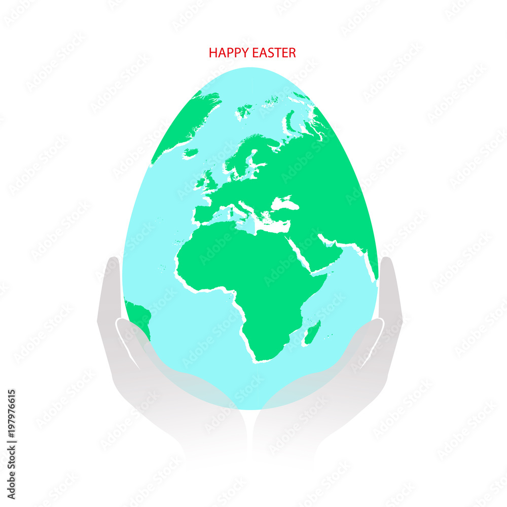 Easter egg with green and blue world map in numan hands or palms ...