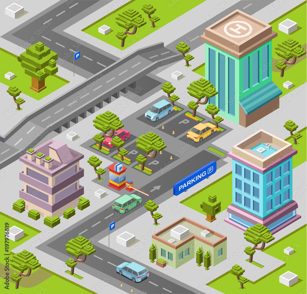 City map for parking lot isometric 3D vector illustration or map with ...