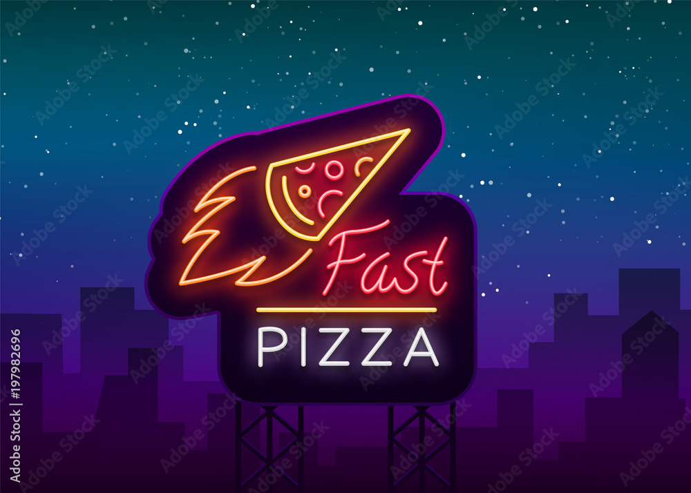 Vetor de Pizza logo emblem neon sign. Logo in neon style, bright neon ...
