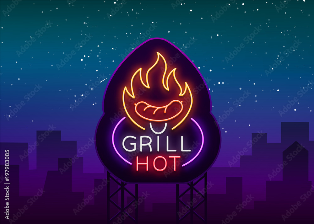Grill logo in a neon style. Vector illustration on the theme of food ...