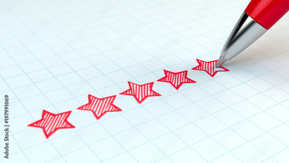 Positive feedback concept. Red pen draw five stars. 3d illustration ...