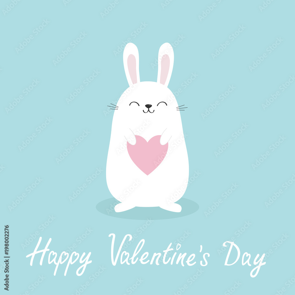 White bunny rabbit holding heart. Happy Valentines Day. Love greeting ...