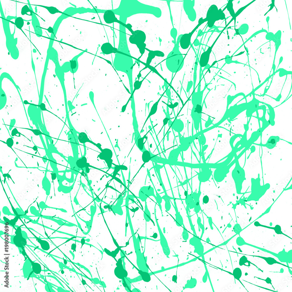 Spots and splashes of paint of different shades of green on a white ...