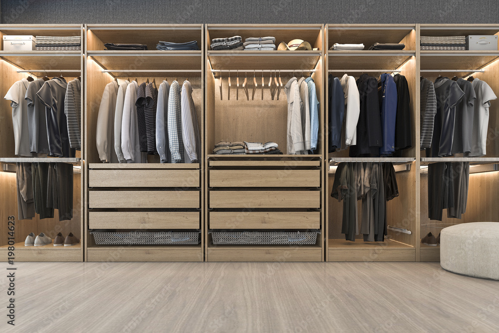 3d rendering modern scandinavian white wood walk in closet with ...