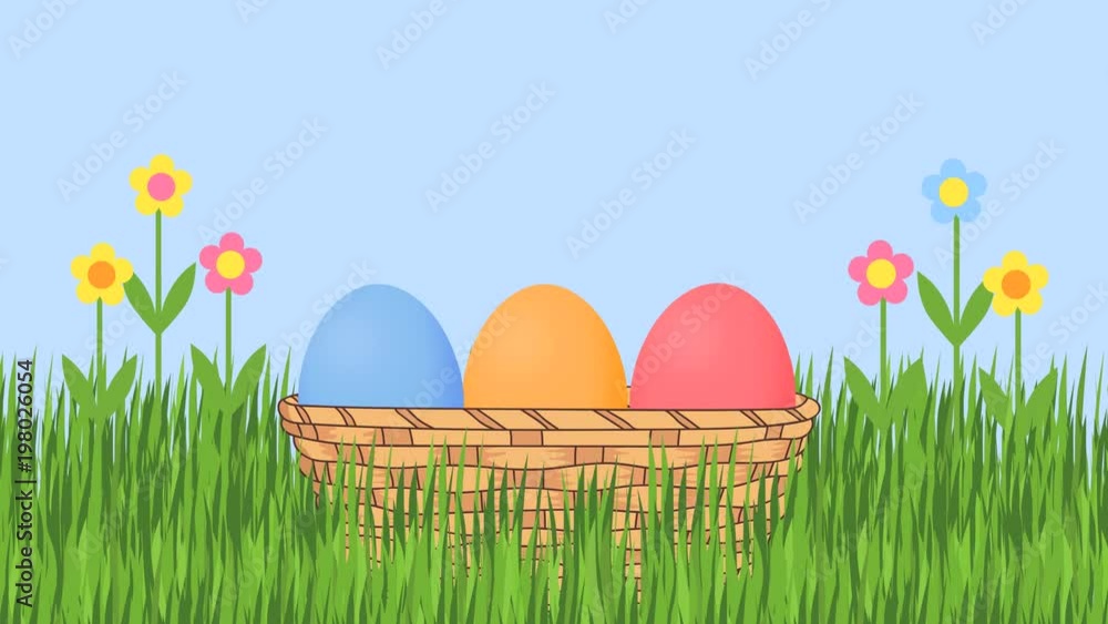 Easter eggs jump into a basket that stands on the grass. animation 4k ...