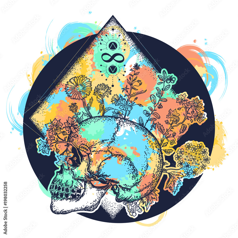Magic skull tattoo and t-shirt design. Psychology, philosophy, poetry t ...