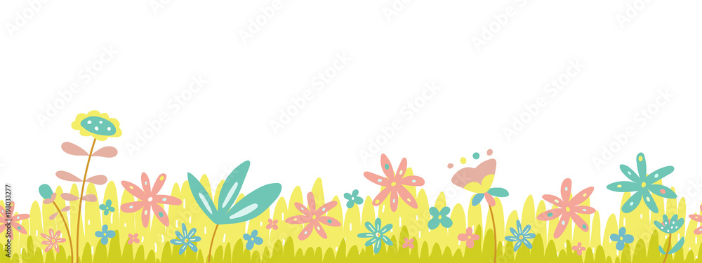 Spring cute green grass and flowers seamless border, Easter greeting ...